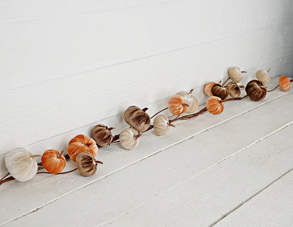Velvet Pumpkin Garland with Brown, Orange, and Cream Pumpkins - TheHolidayBarn.com