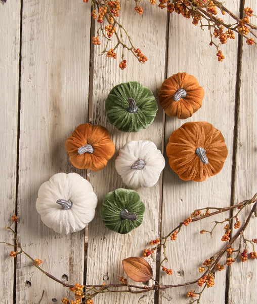Elegant Velvet Fall Pumpkins | Orange, Green & White - TheHolidayBarn.com