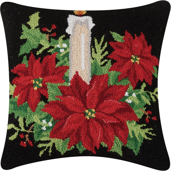 Poinsettia & Candle Wool Hooked Pillow | Christmas Pillows ...