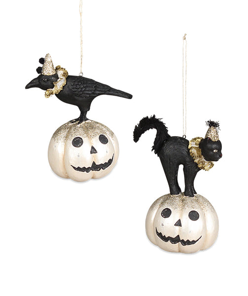 All Hallows Eve Crow & Cat on Pumpkin Ornaments | Black, White, & Gold ...