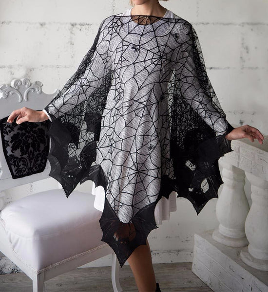 Black Lace Spider Web & Bat Poncho | Vampire Witch Costume Accessory ...