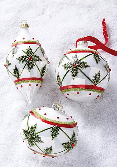 Jeweled Holly Glass Ornaments, Set of 6 - TheHolidayBarn.com