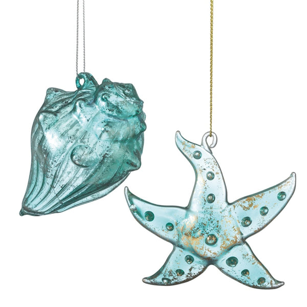 Star Fish & Conch Shell Ornaments | Blue Glass Coastal Christmas Decor ...